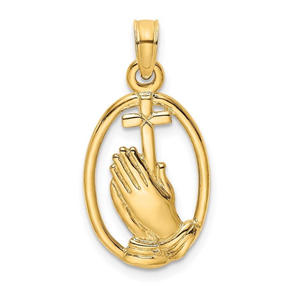 10k Yellow Gold Praying Hands & Cross In Oval Charm - Gem